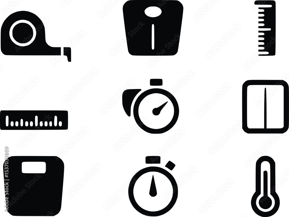 Measuring Tool Icons Weight Scale Symbols Instruments Ruler Thermometer ...