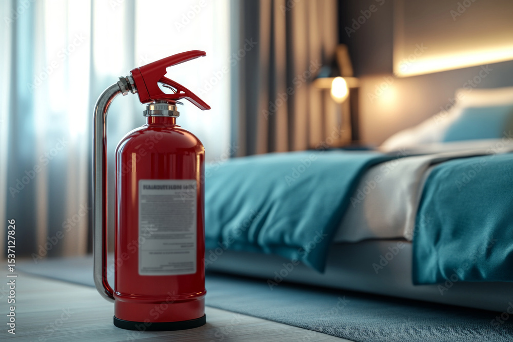 Red fire extinguisher standing on floor in hotel room, ensuring guest ...