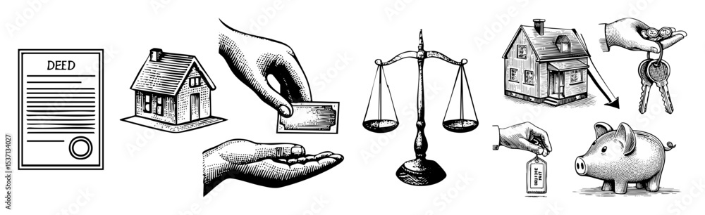 Vector Real estate and legal concepts illustrated with a deed scales of ...