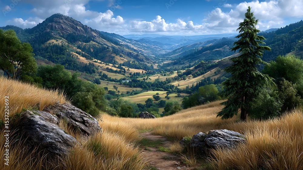 14. Hilltop landscape with panoramic views of valleys, tree clusters ...