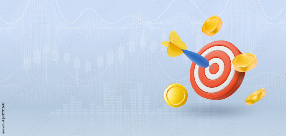 Financial goal, business target. Darts 3d icon with gold coins flying ...