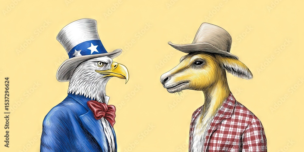 comic bald eagle uncle sam facing off against kangaroo dressed like ...