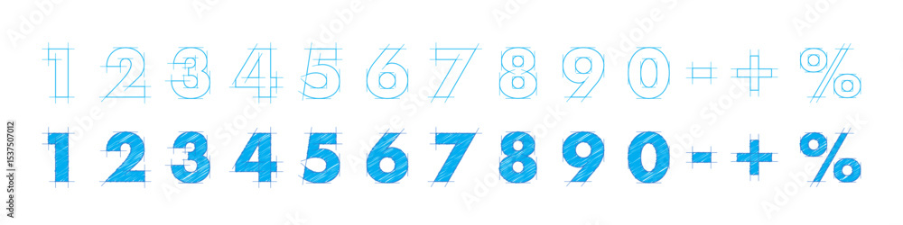 Blueprint font. Architectural typeface. Engineering sketch numbers ...