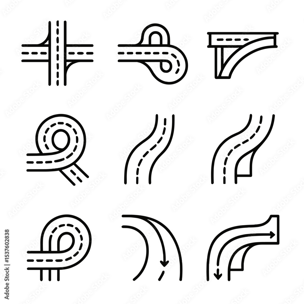 Highway Structure Icons. Outline icon set of curved concrete highway ...