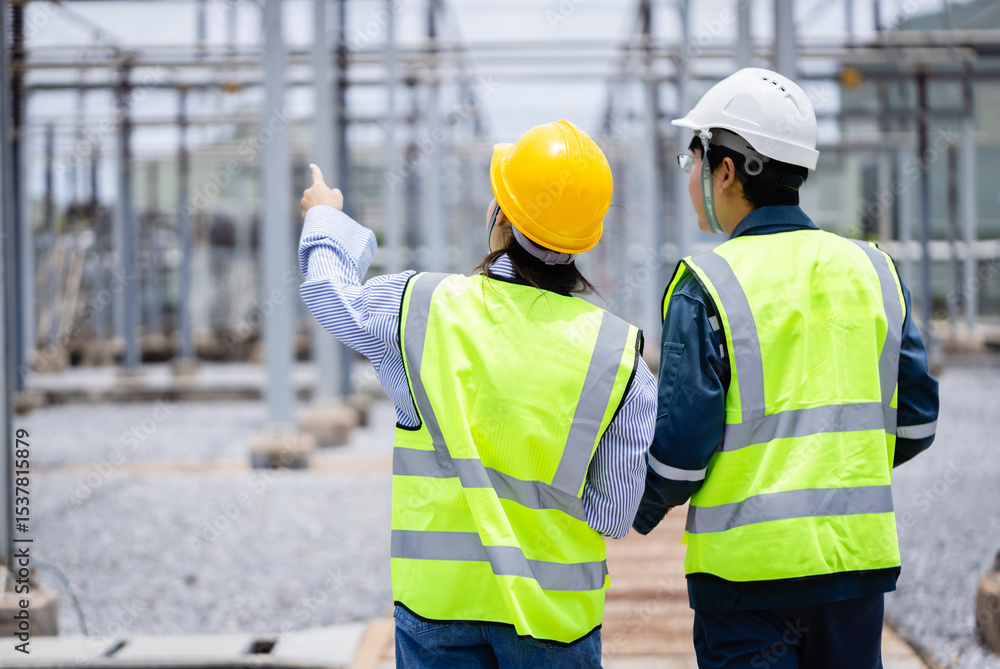 Engineer working at high voltage power substation infrastructure ...