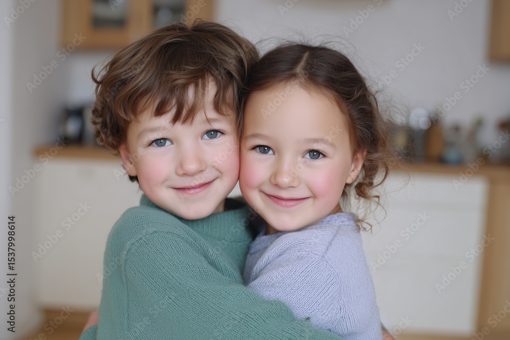 Two young siblings embrace, their faces glowing with pure affection and ...