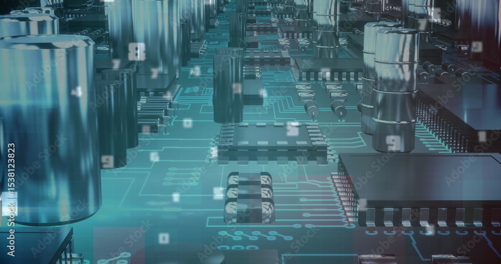 PCB displaying capacitors, chips, resistors and traces in lab ...