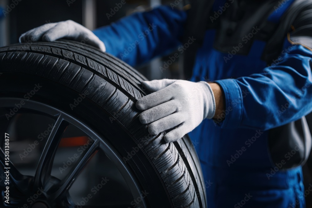 Close-up of a mechanic in uniform and gloves handling a brand new car ...