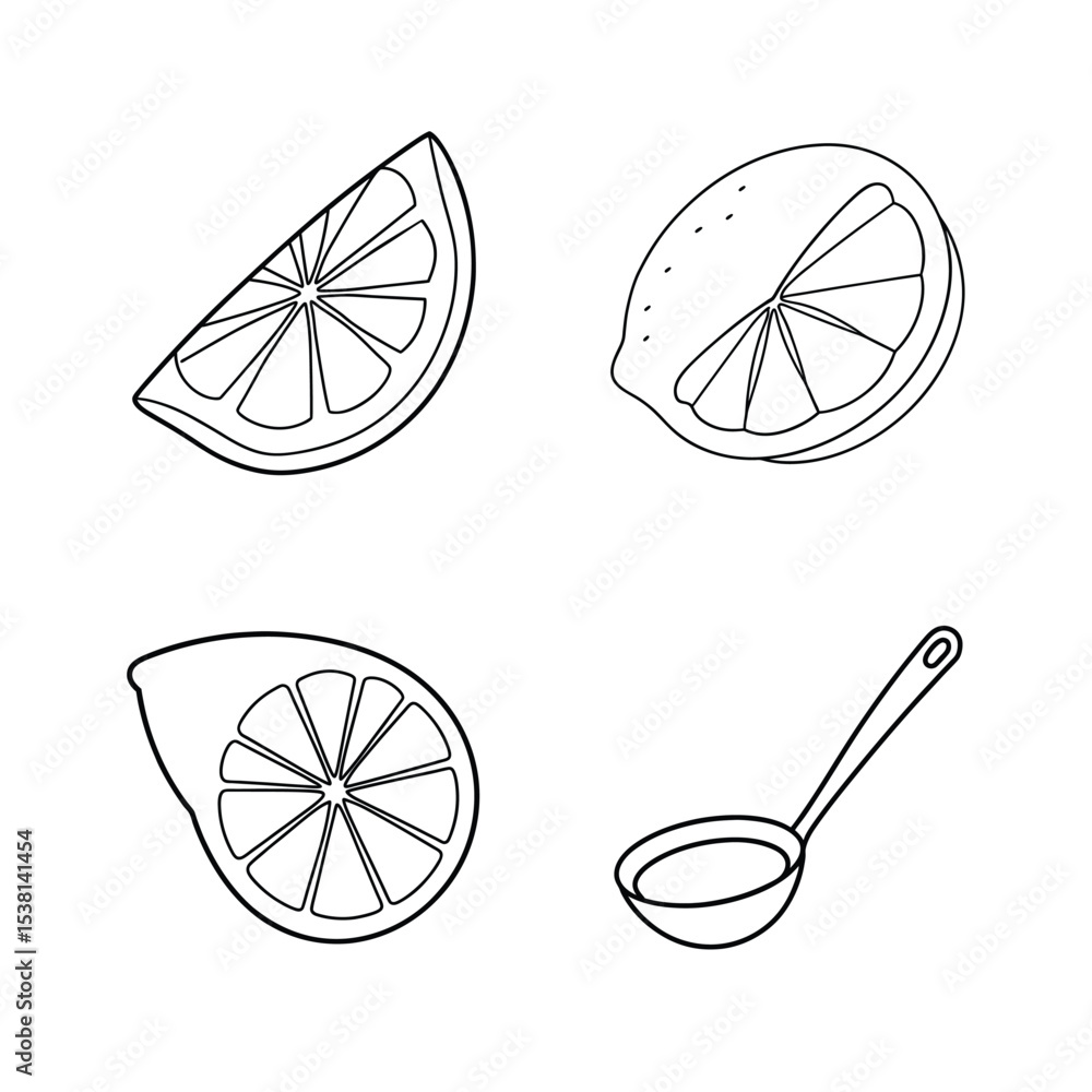 Simple outline illustrations of lemons in different forms with a basic ...