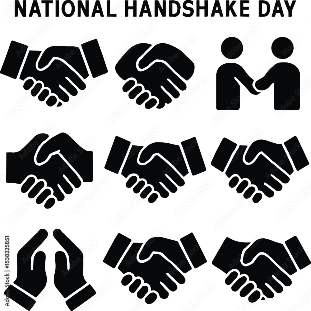 Black silhouette icon set for National Handshake Day. Solid black ...