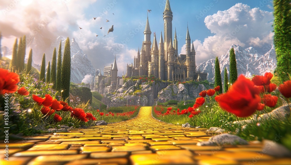 Golden road to a majestic castle Stock Photo | Adobe Stock