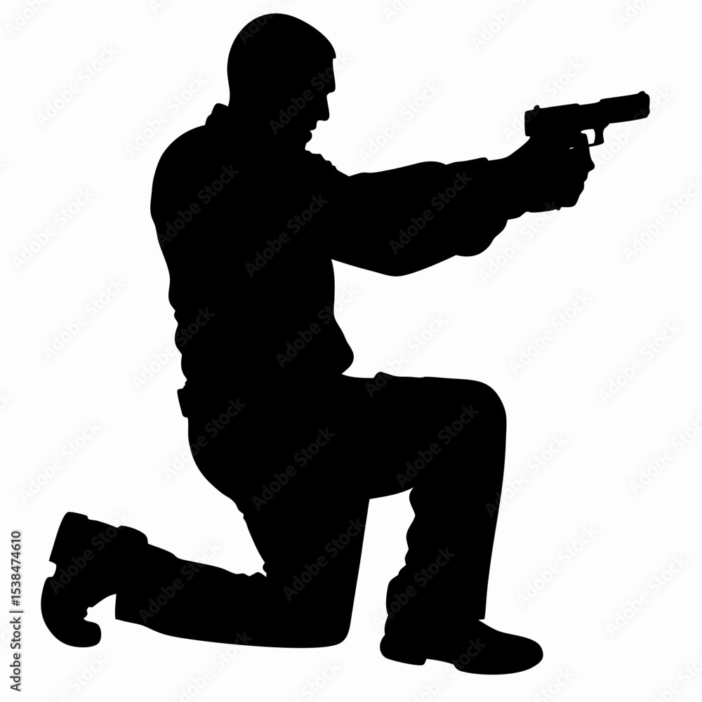 Silhouette of armed soldier kneeling and aiming pistol, tactical ...