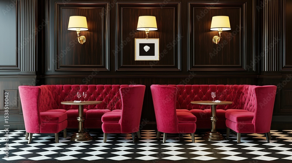 Elegant restaurant booths with red velvet seating, dark wood walls ...