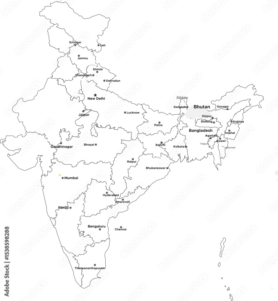Outline of India Map with Labelled States Name and Capital Star Mark ...