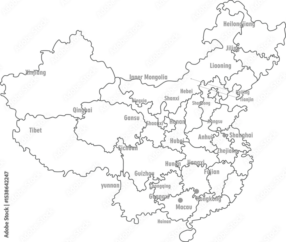 Outline Map of China with Labeled Provinces and Capital Cities Stock ...