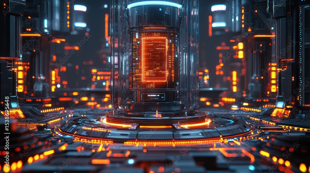 Futuristic, glowing tech cylinder on a platform Stock Photo | Adobe Stock