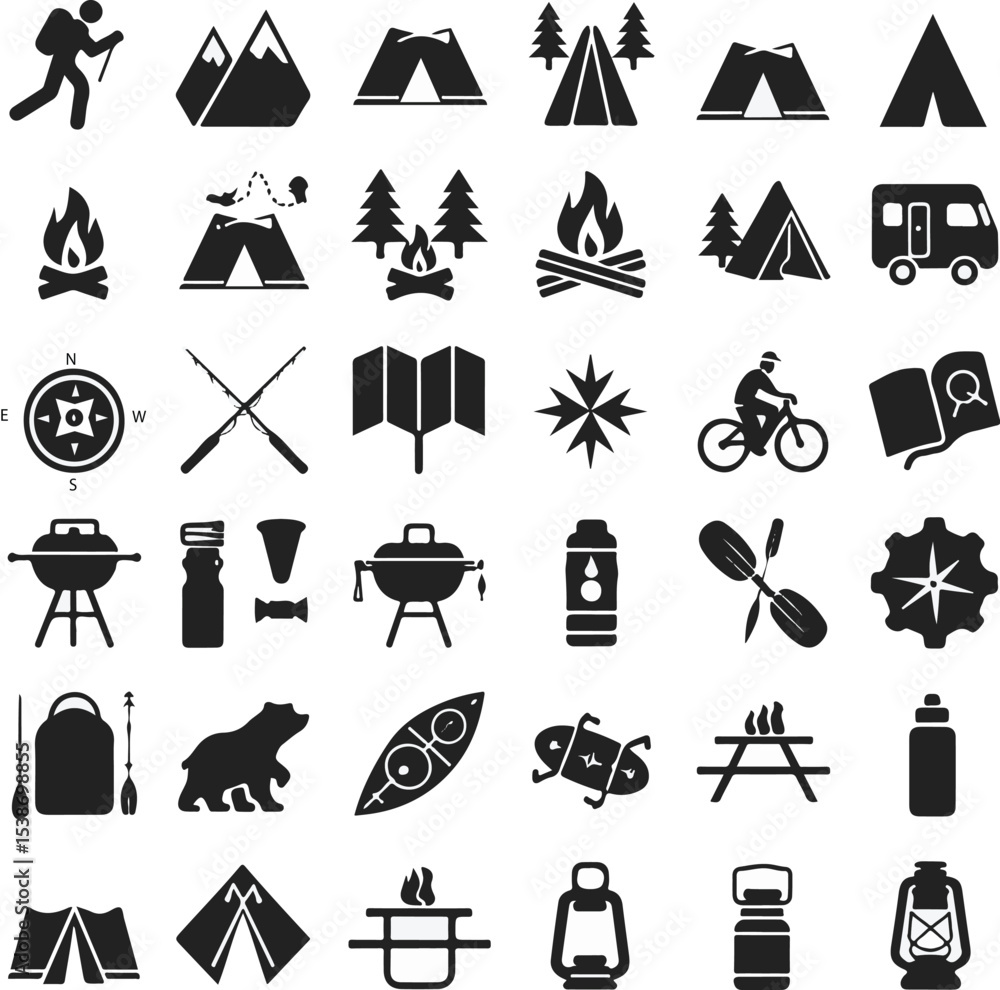 Camping, outdoor adventure icon set. Vector glyph pictograms of eco ...