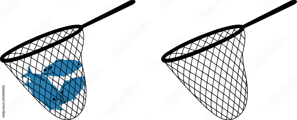 Fishing net illustration with blue fish and empty net vector design for ...