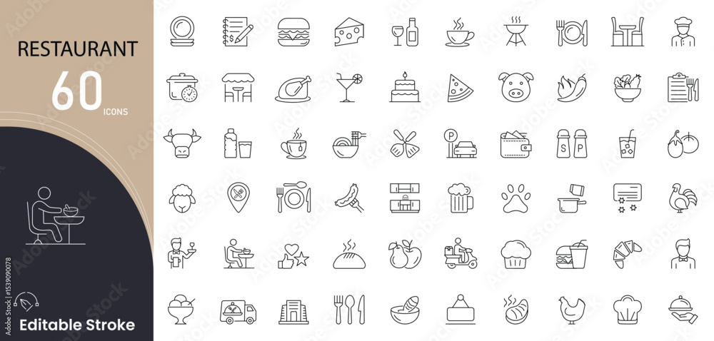 Restaurant related icon collections. Containing food, menu, chef ...