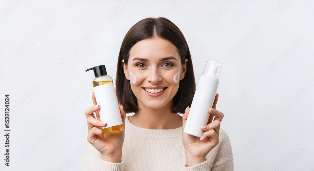 Happy woman with cream on her face holding cosmetic bottles. Girl ...