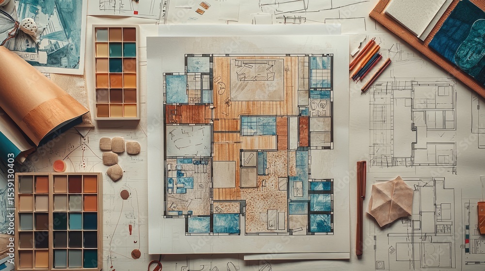 Architectural floor plan and color palettes for interior design. Stock ...