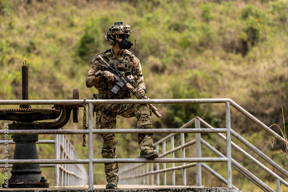 Special Forces Unit Conducting Tactical Patrol on Bridge – Armed ...