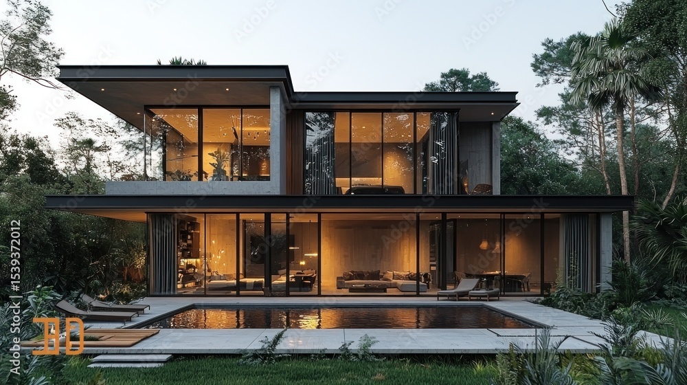 Modern two-story home with pool nestled in lush greenery, showcasing ...