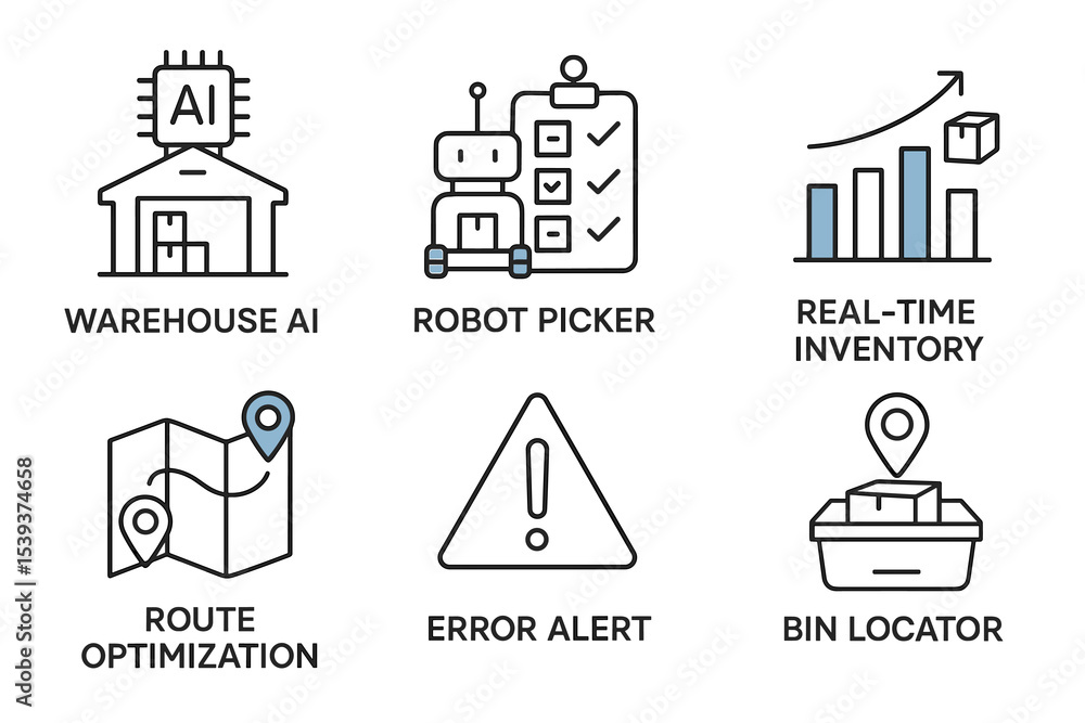 Warehouse technology icons: ai, robot picker, real-time inventory ...