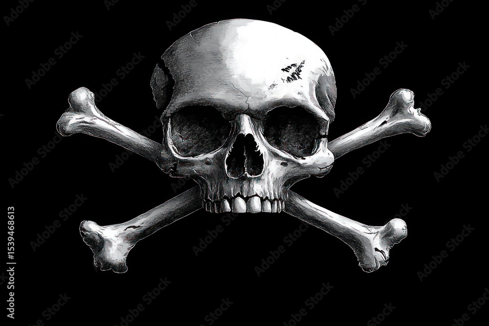 Detailed monochrome illustration of a human skull with two crossed ...