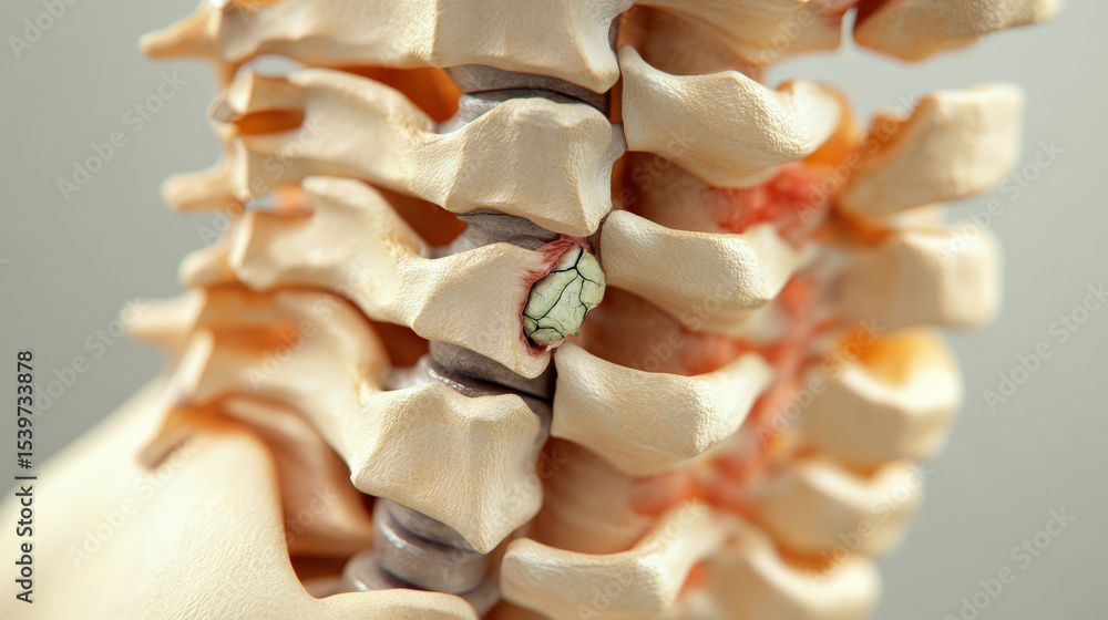 Human spine model with damaged vertebrae, close-up view of injury area ...