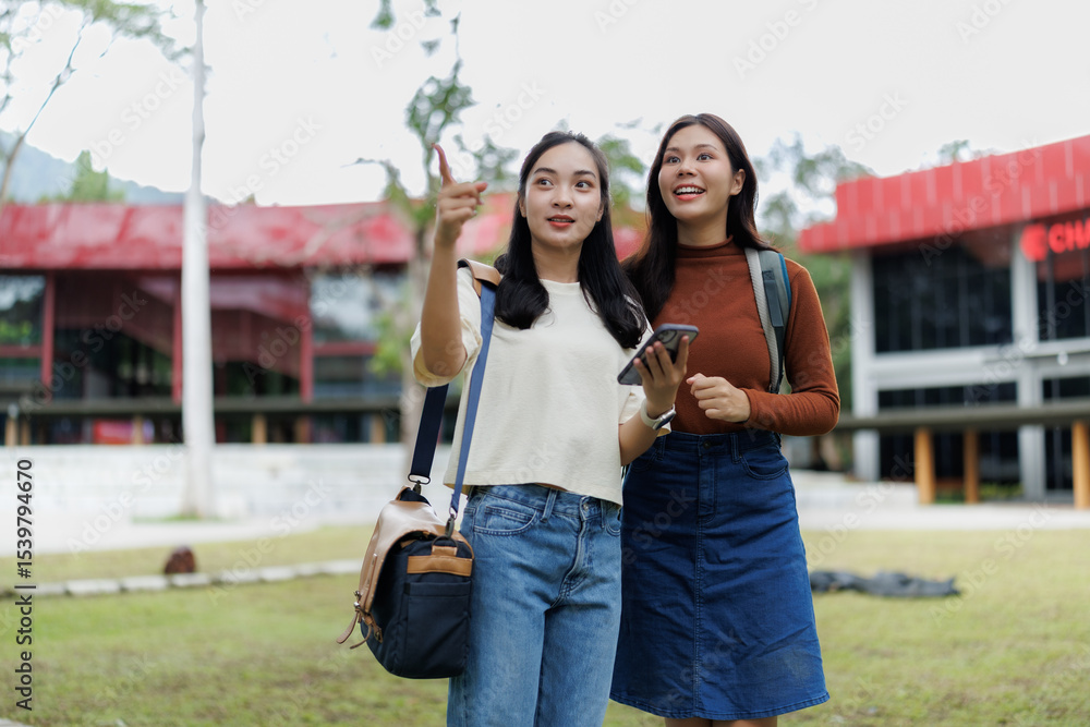 University students using smartphone and pointing at something on ...