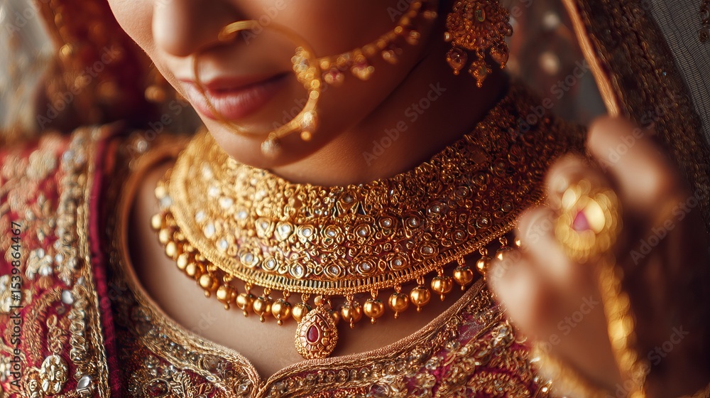 Traditional south asian bride wearing gold jewelry for wedding ceremony ...