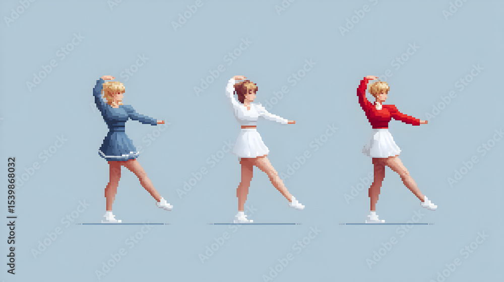 Three pixel art cheerleaders wearing different colored sweaters and ...