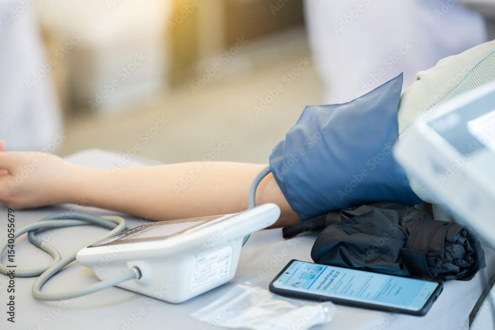 Close-up of nurse measuring blood pressure with sphygmomanometer during ...