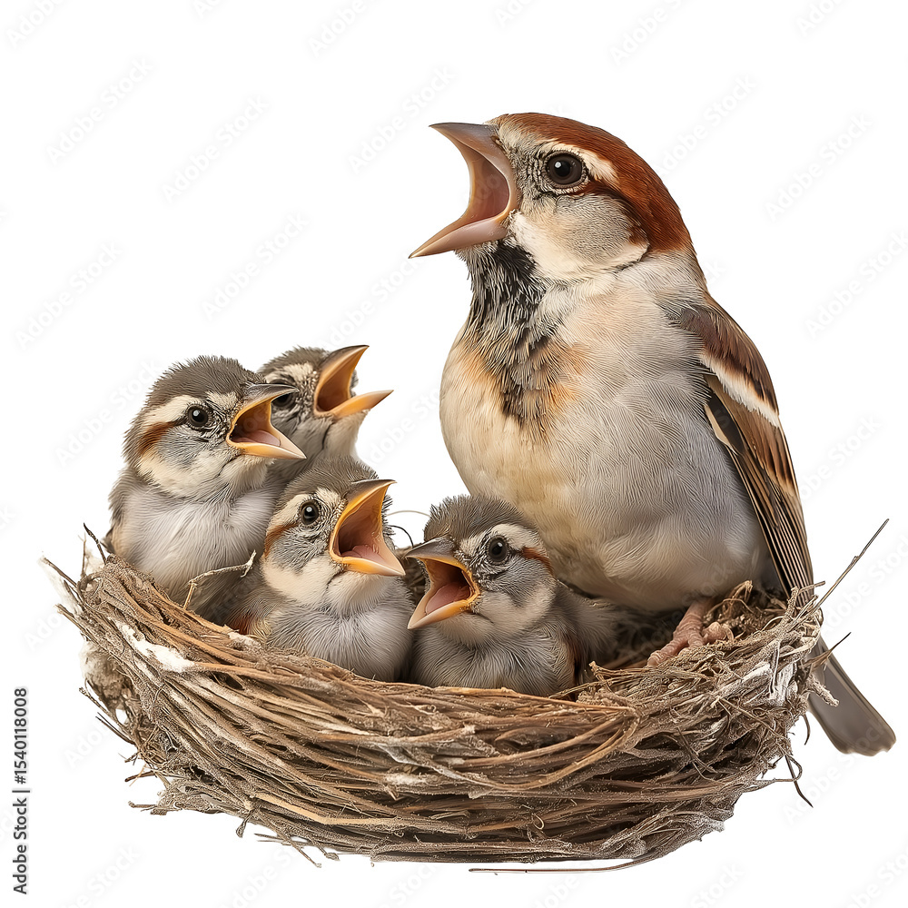 Foto stock di Adorable sparrows family in nest mother bird feeding ...