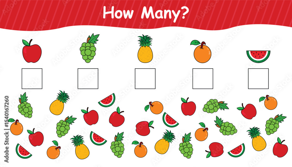How many. count all fruits and write the number into box. math game for ...
