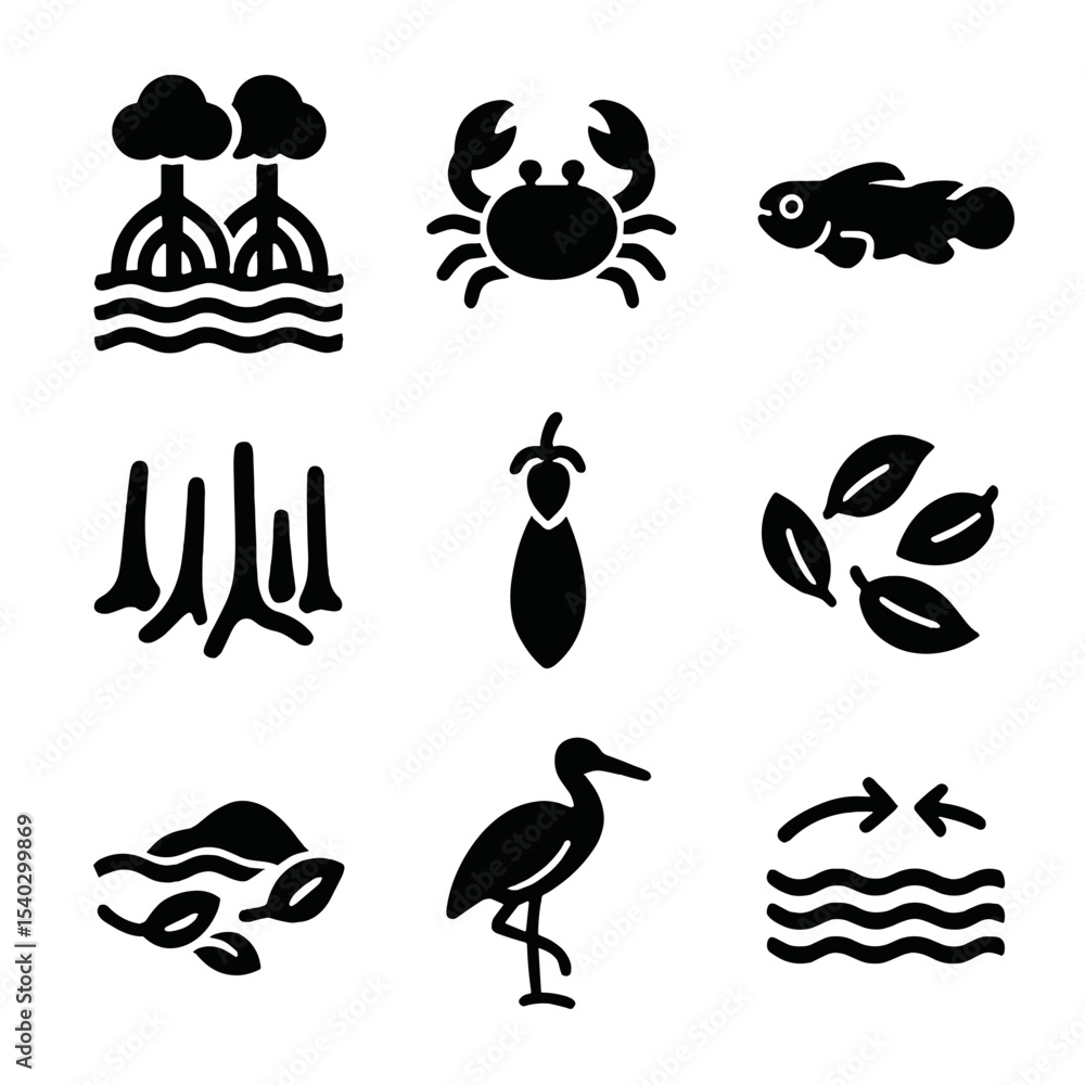 Mangrove Ecosystem Icons. Solid, filled icons set of mangrove forests ...
