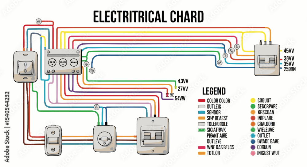 Colorful Electrical Wiring Diagram with Outlets and Voltage Labels ...
