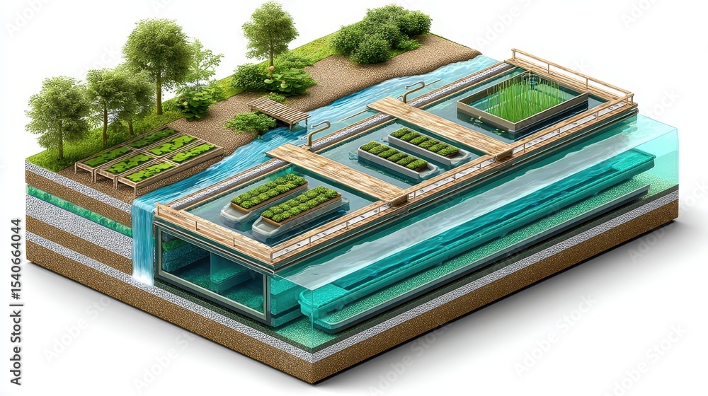 A technical diagram of an urban river restoration project showing plant ...