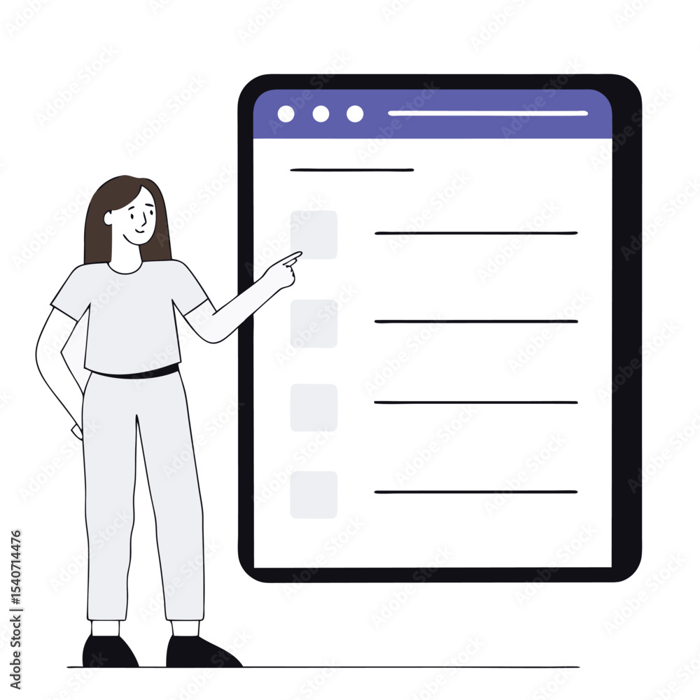 Smiling girl points to a digital checklist for management with modern ...