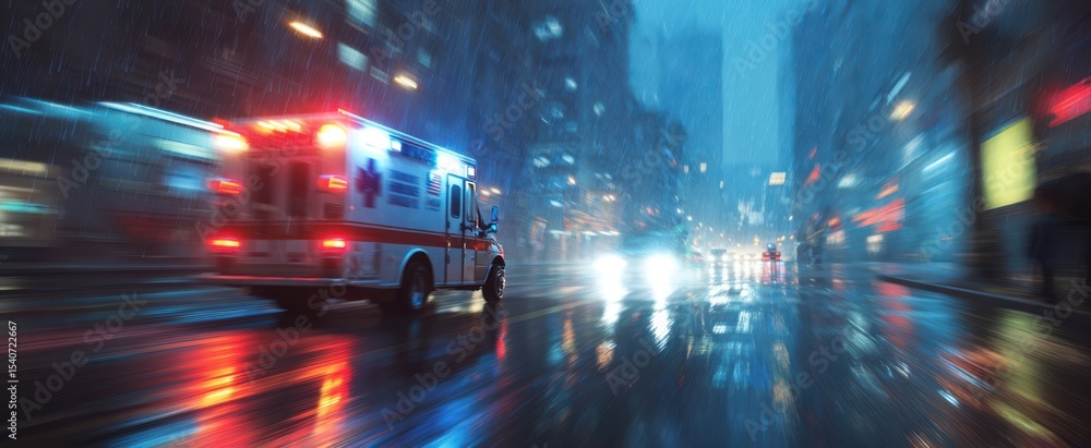 The ambulance rushing through the rain-soaked city streets at night. の ...