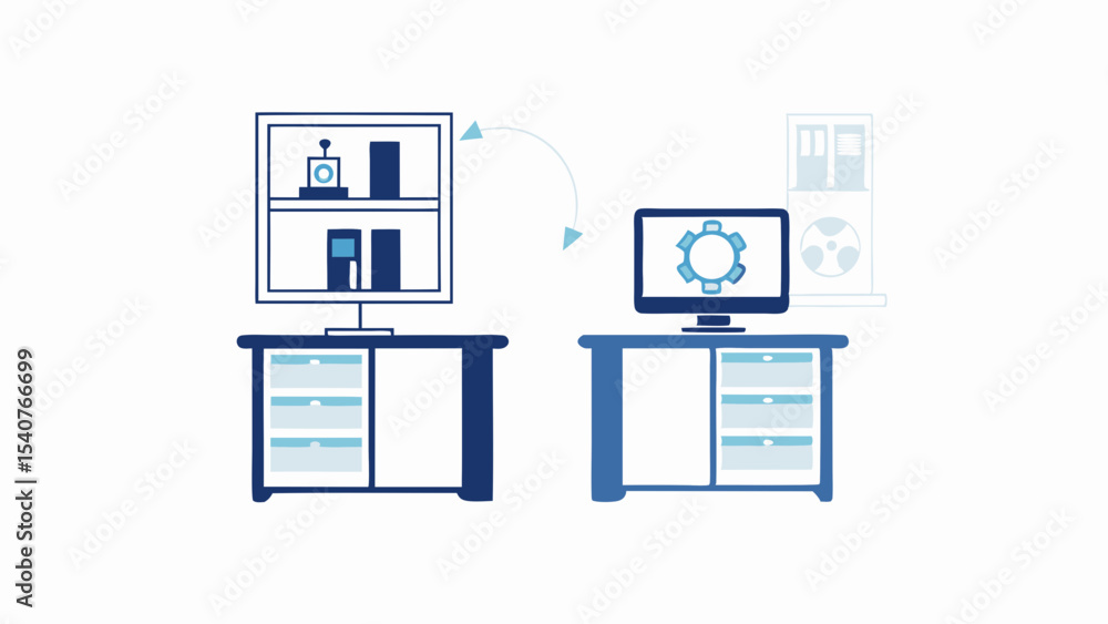 Data migration depicted with computers, shelves, and arrow showing ...