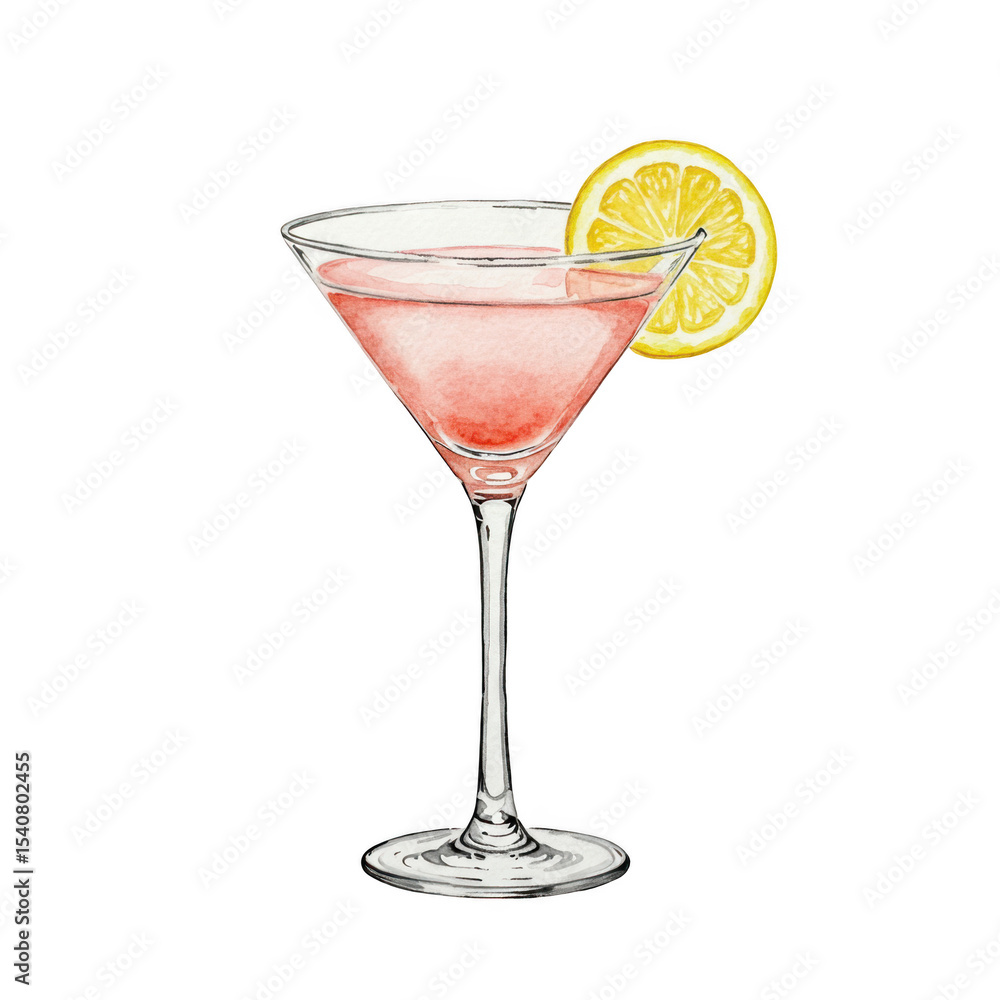 Pink cocktail in martini glass with lemon slice isolated on transparent ...