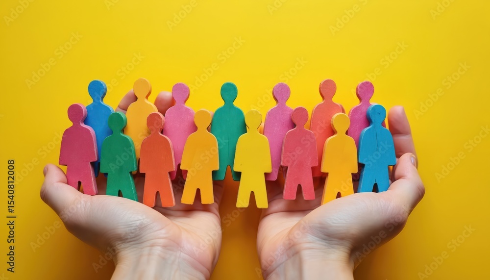 Hands hold colorful wooden figurines, illustrating diversity teamwork ...
