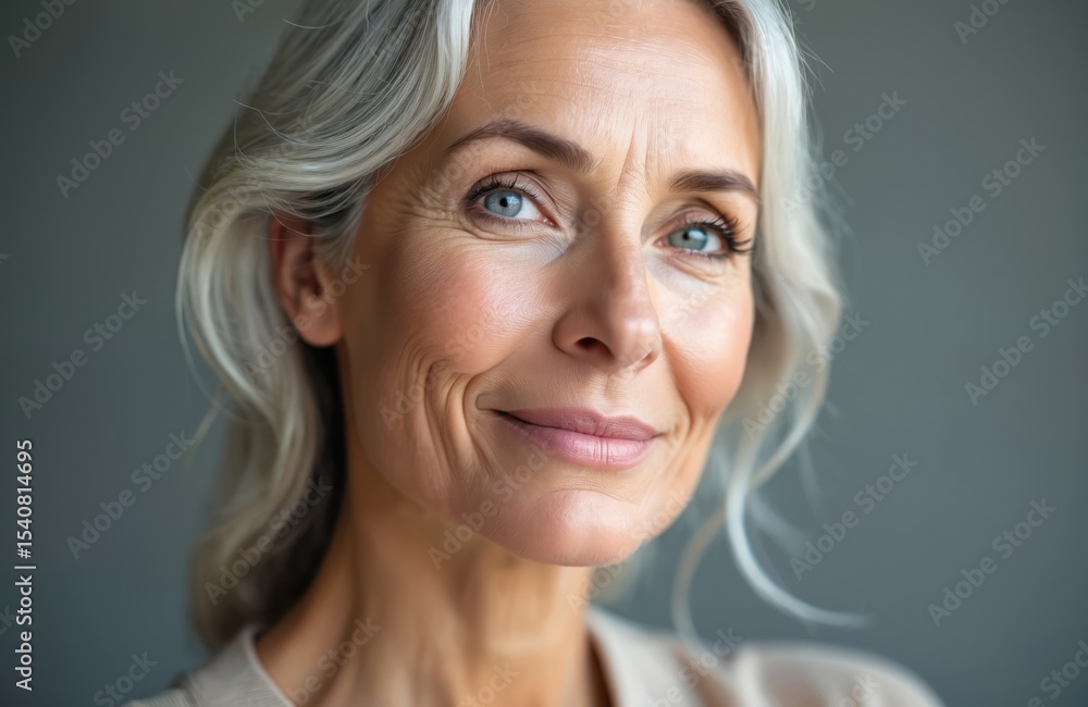 Portrait of an elegant woman with natural glow. Facial lines convey ...