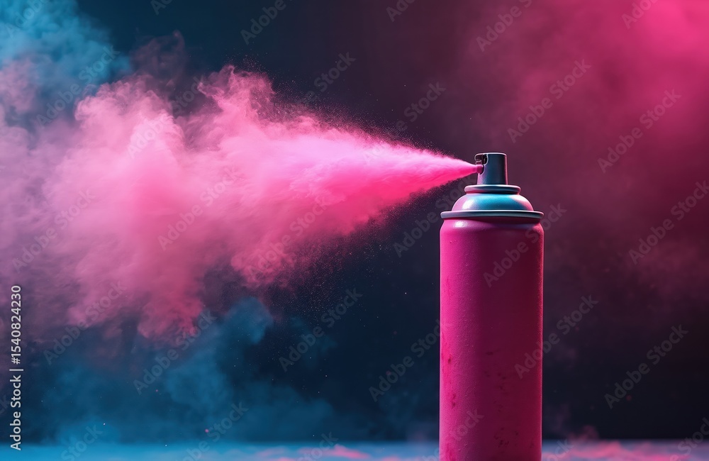 Vibrant pink aerosol spray can spraying colorful cloud powders. Dynamic ...