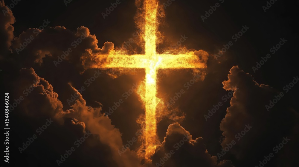 Divine fiery cross glowing in the sky among the clouds, symbolizing ...