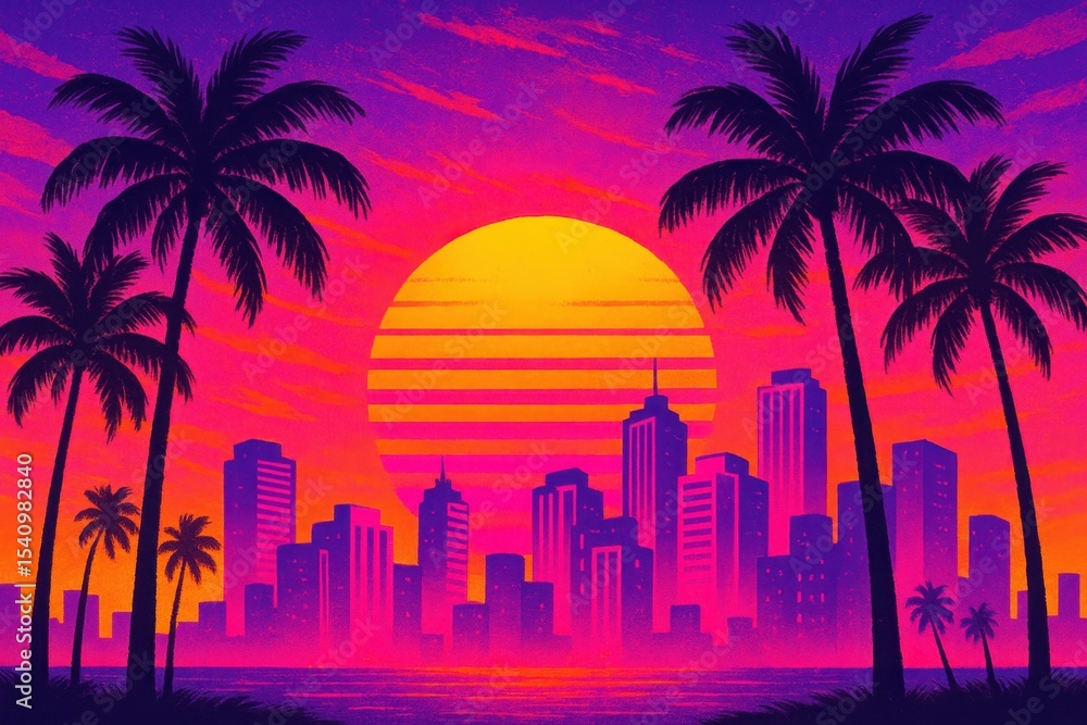 Beautiful sunrise scene behind retro neon-colored buildings with palm ...