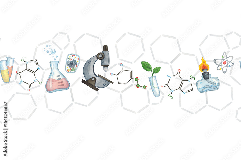 Seamless border of laboratory equipment, formulas, molecules ...