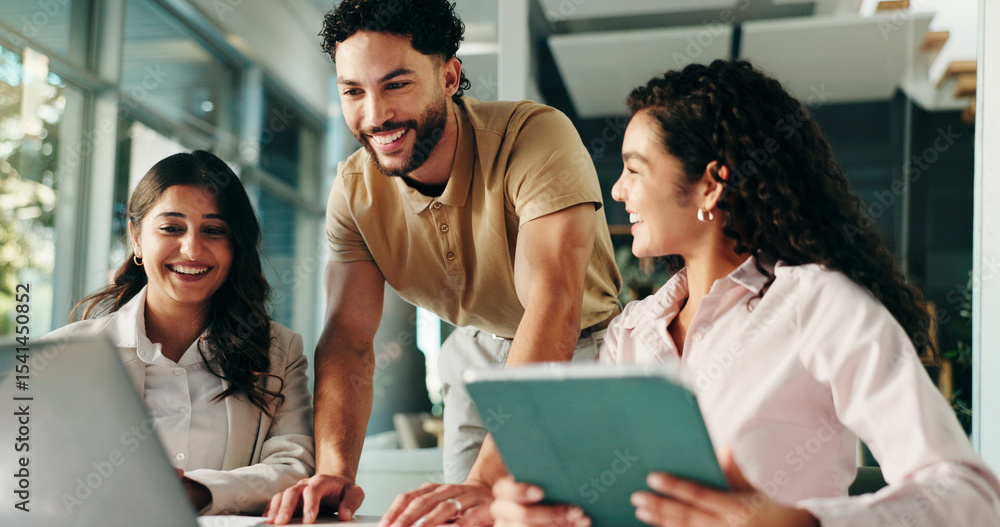 Laughing, meeting and colleagues with tablet, collaboration and humor ...